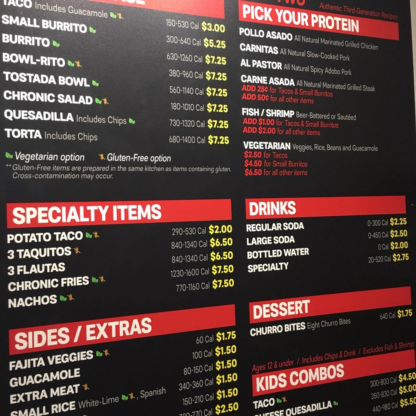 Menu at Chronic Tacos restaurant, Newport Beach, 3601 Pacific Coast Hwy