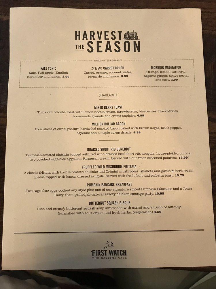 Menu at First Watch cafe, Fayetteville