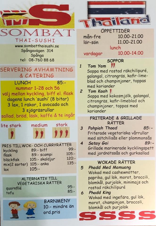 Menu at Sombat Thai & Sushi restaurant, Stockholm