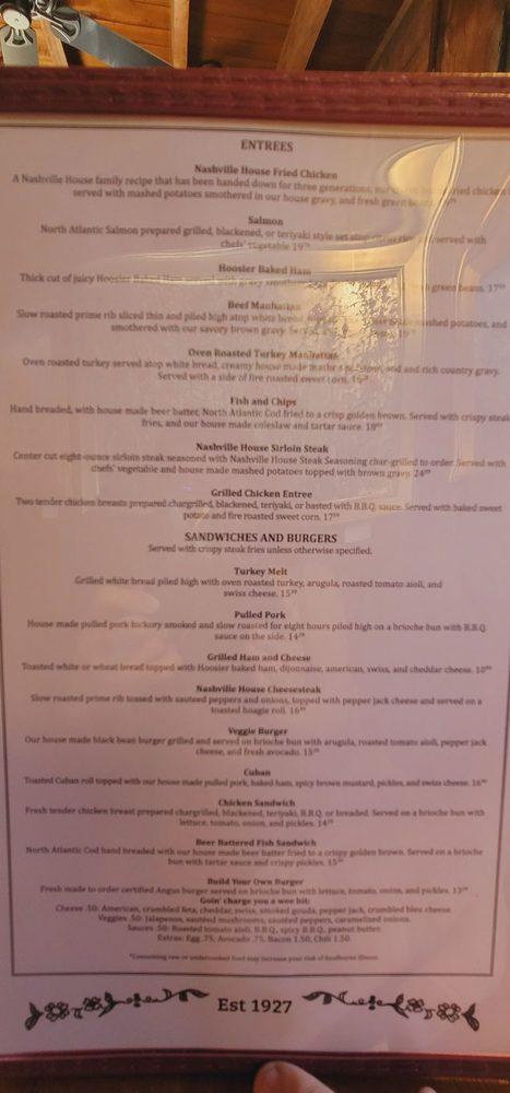 Menu at The Nashville House restaurant, Nashville, 15 S Van Buren St