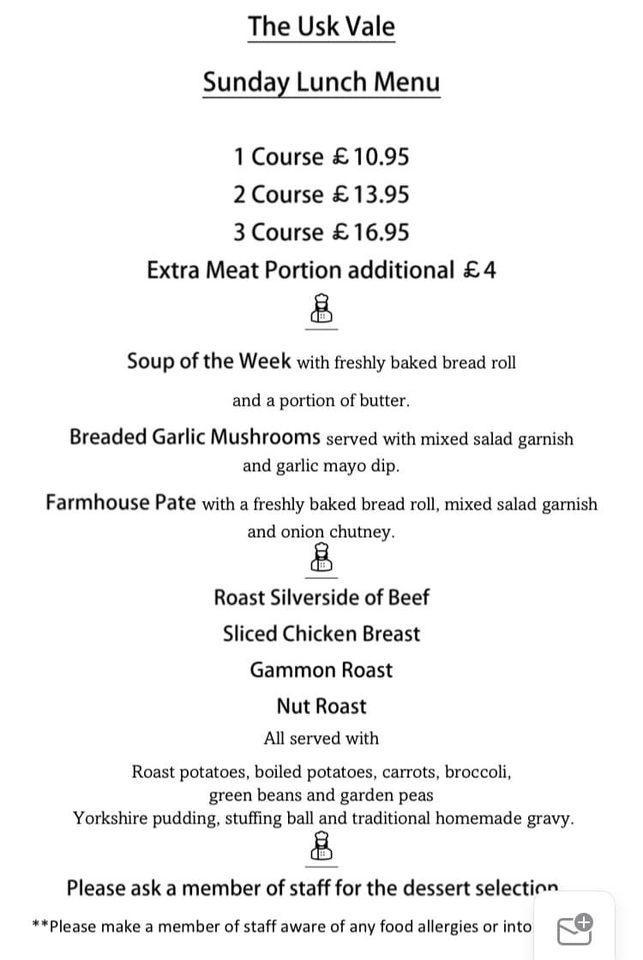 Menu at The Usk Vale Restaurant, Newport, Pillmawr Rd