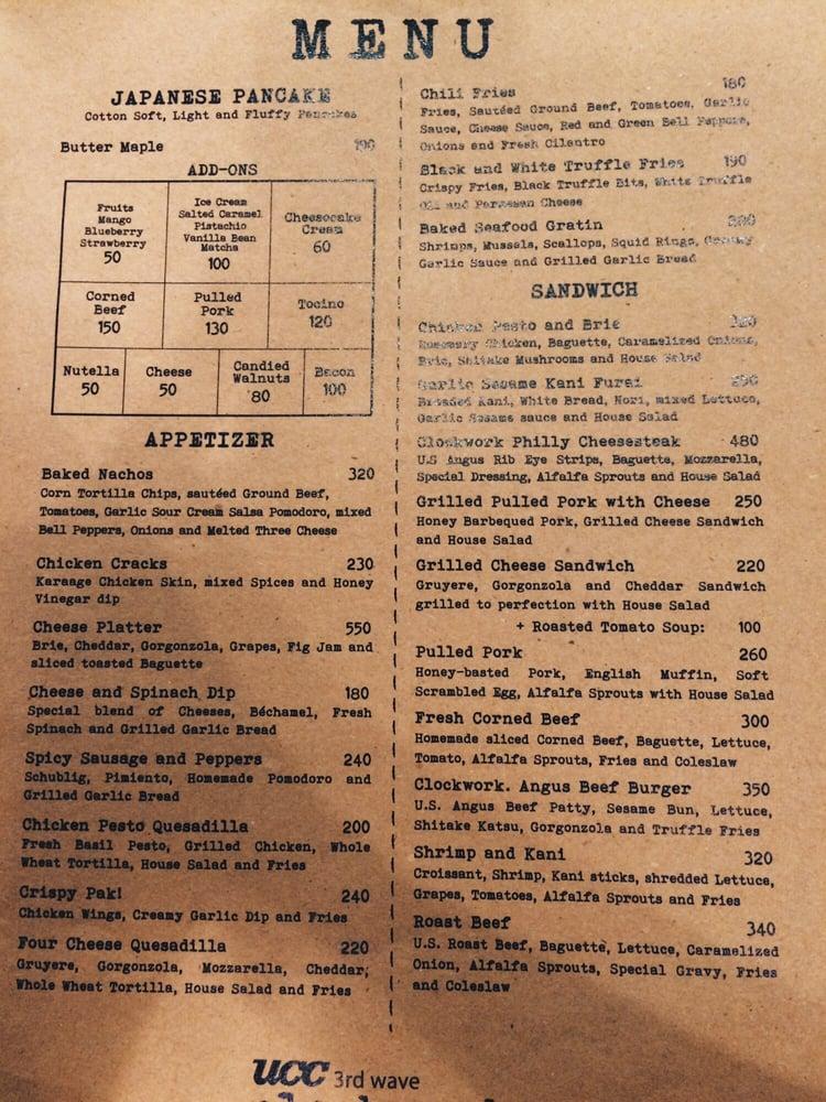 Menu at UCC 3rd Wave Clockwork cafe, Pasig, G/F Estancia