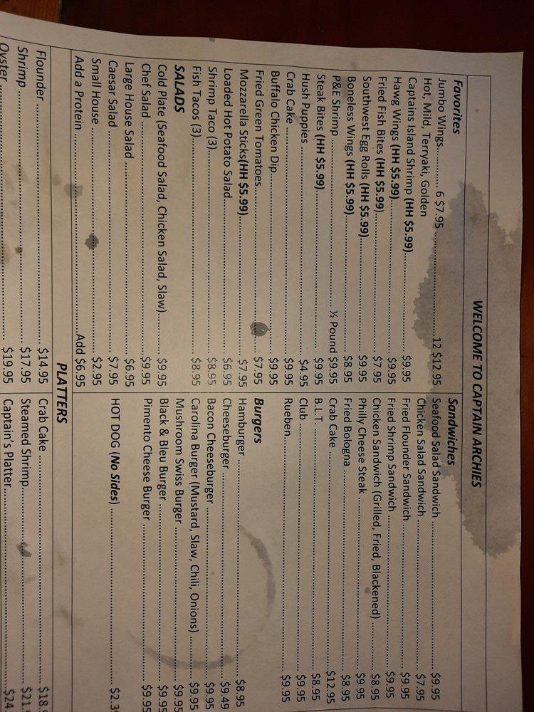 Menu at Captain Archie's pub & bar, North Myrtle Beach