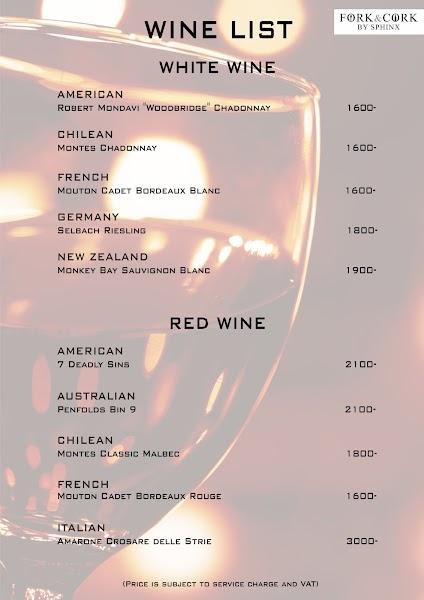 Menu at Fork & Cork restaurant, Bangkok