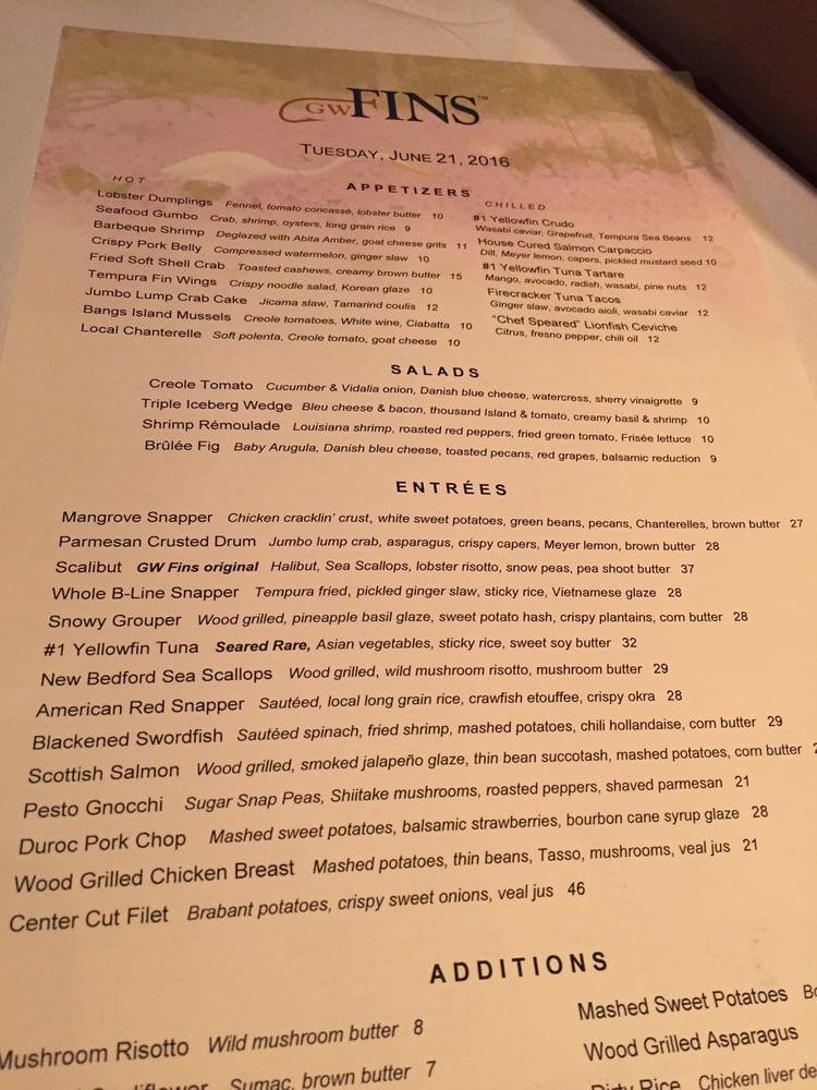 Menu at GW Fins restaurant, New Orleans