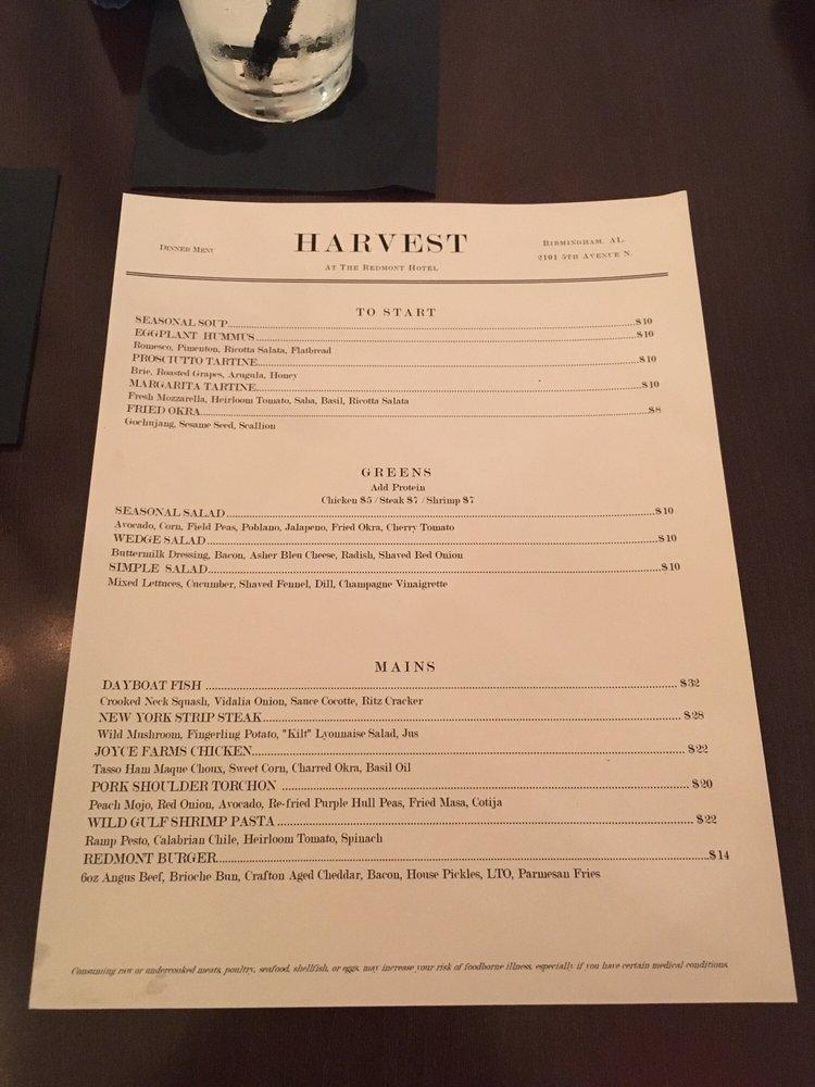 Menu at The Harvest restaurant, Birmingham