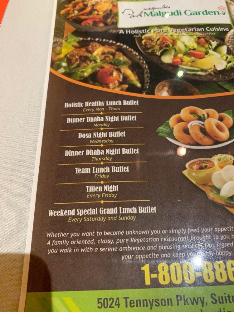 Menu at Malgudi Garden restaurant, Plano