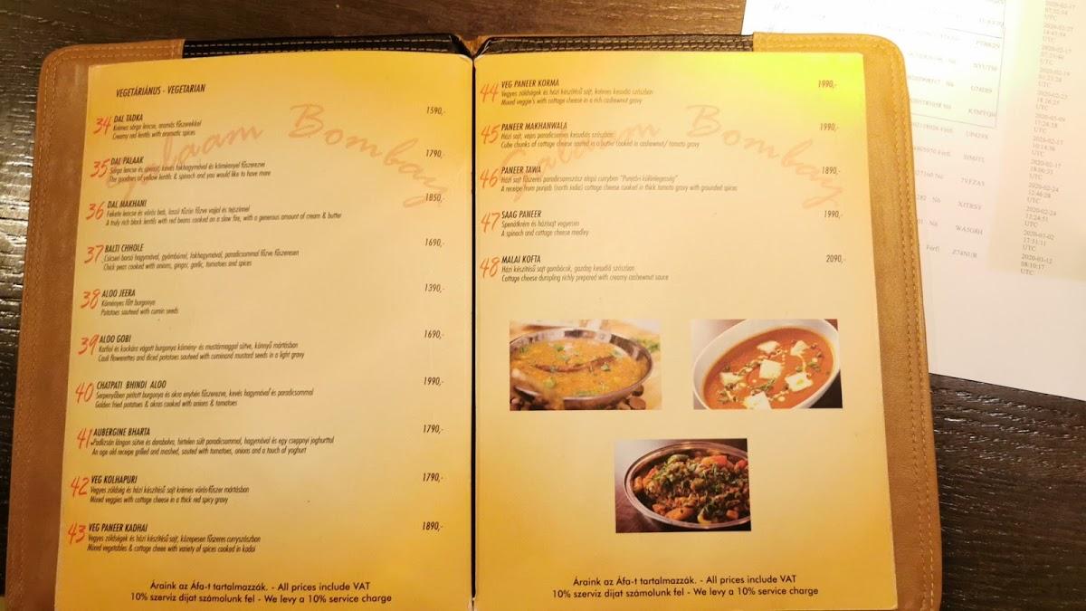 Menu at Salaam Bombay restaurant, Budapest, Garibaldi u. 4