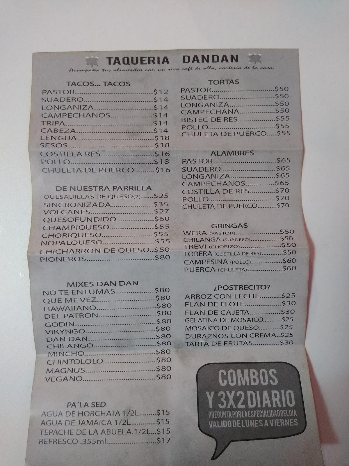 Menu at Taquería Dan Dan restaurant, Ciudad López Mateos