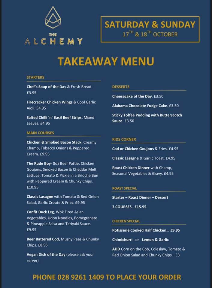 Menu at The Alchemy restaurant, Moira