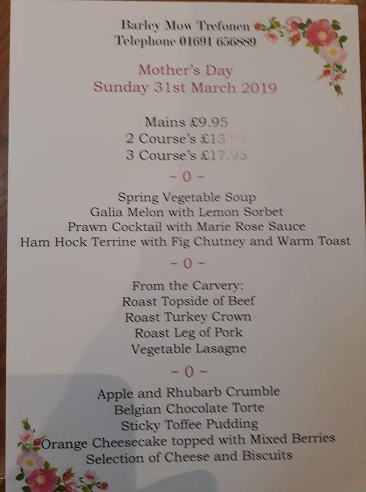 Menu at The Barley Mow, Oswestry