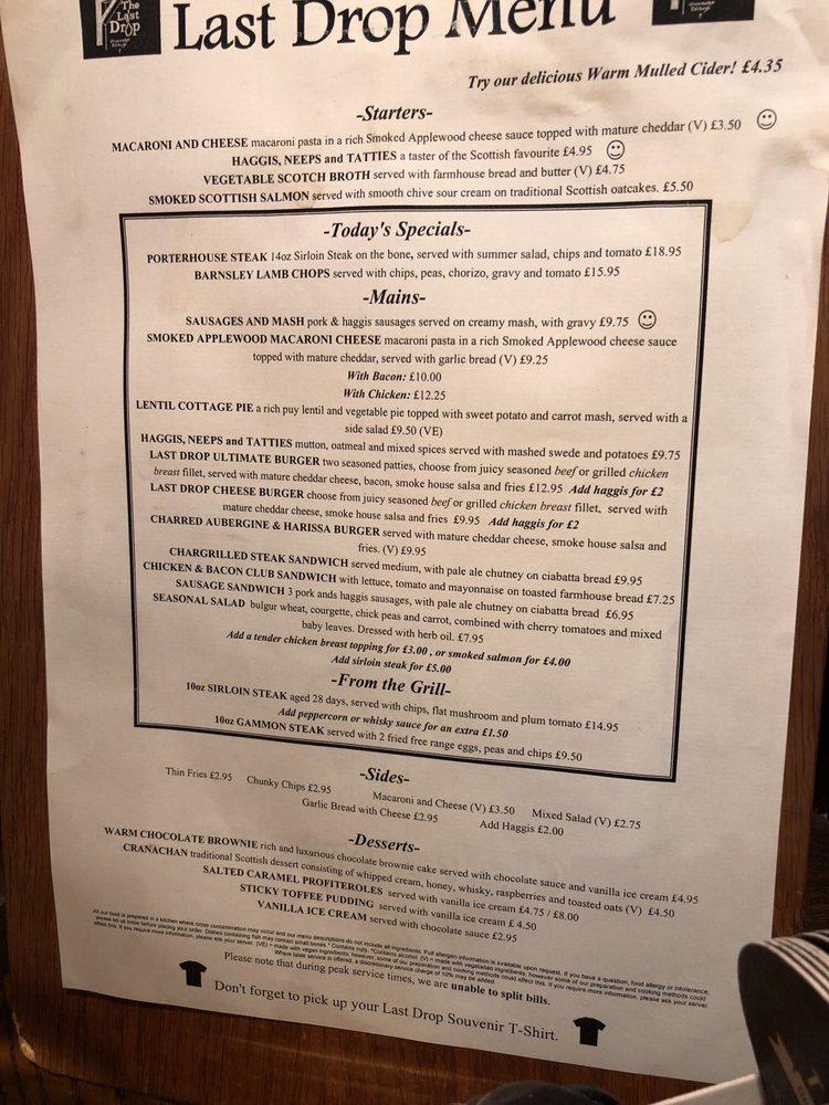 Menu at The Last Drop pub & bar, Edinburgh