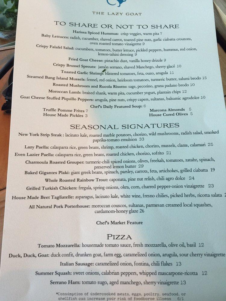 Menu at The Lazy Goat restaurant, Greenville, 170 Riverplace