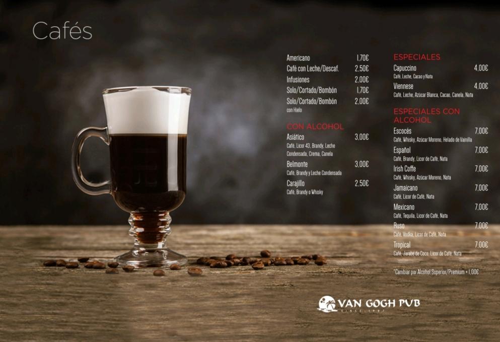 Menu at Van Gogh Pub, La Manga