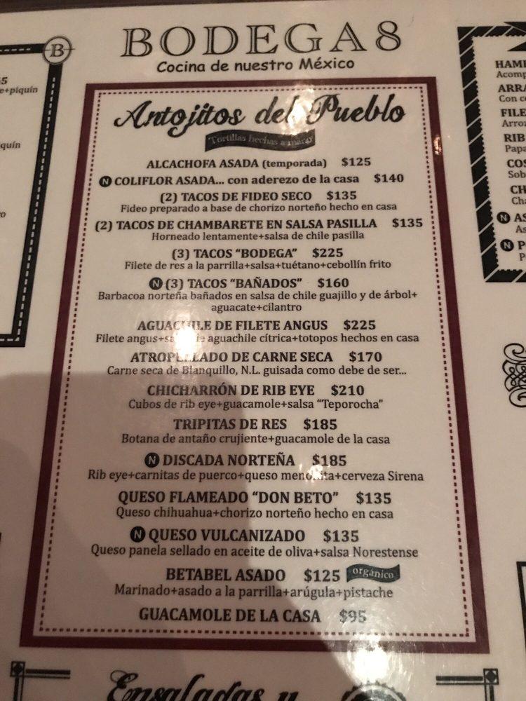 Menu at BODEGA 8 steakhouse, Tijuana, Blvd. Agua Caliente 10387