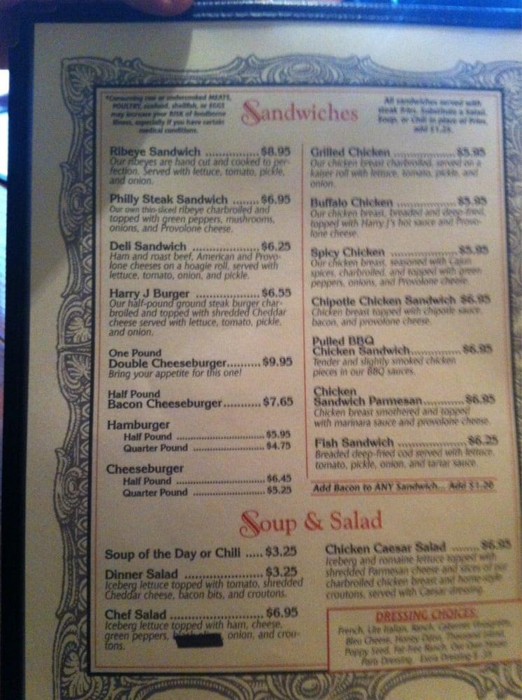 Menu at Harry J's Steakhouse, Moscow Mills