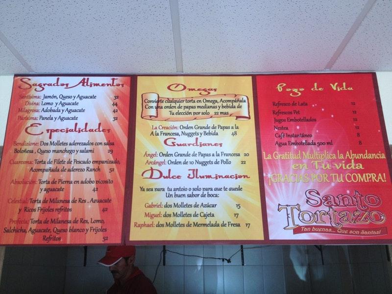 Menu at Santo Tortazo restaurant, Zacatecas