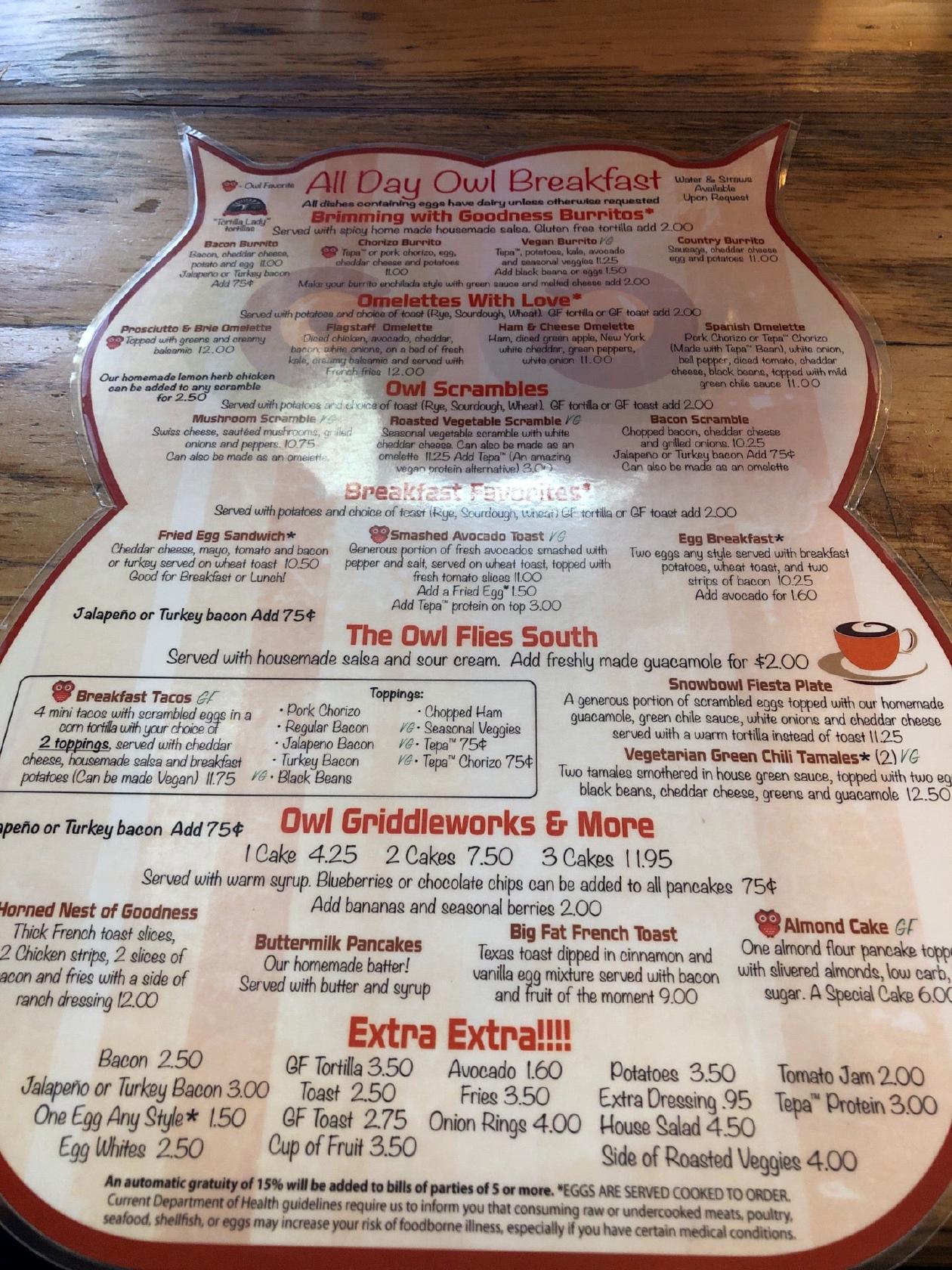 Menu at The Toasted Owl Cafe, Flagstaff