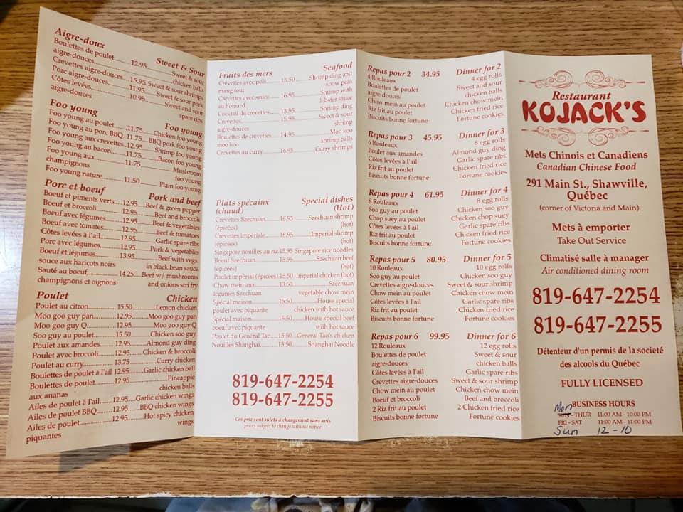 Menu at Kojack's Chinese Restaurant, Shawville