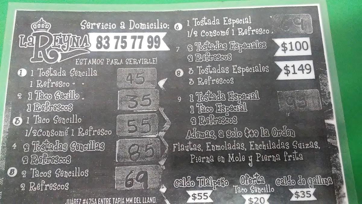 Menu at La Reyna restaurant, Monterrey, Av. Benito Juárez 475