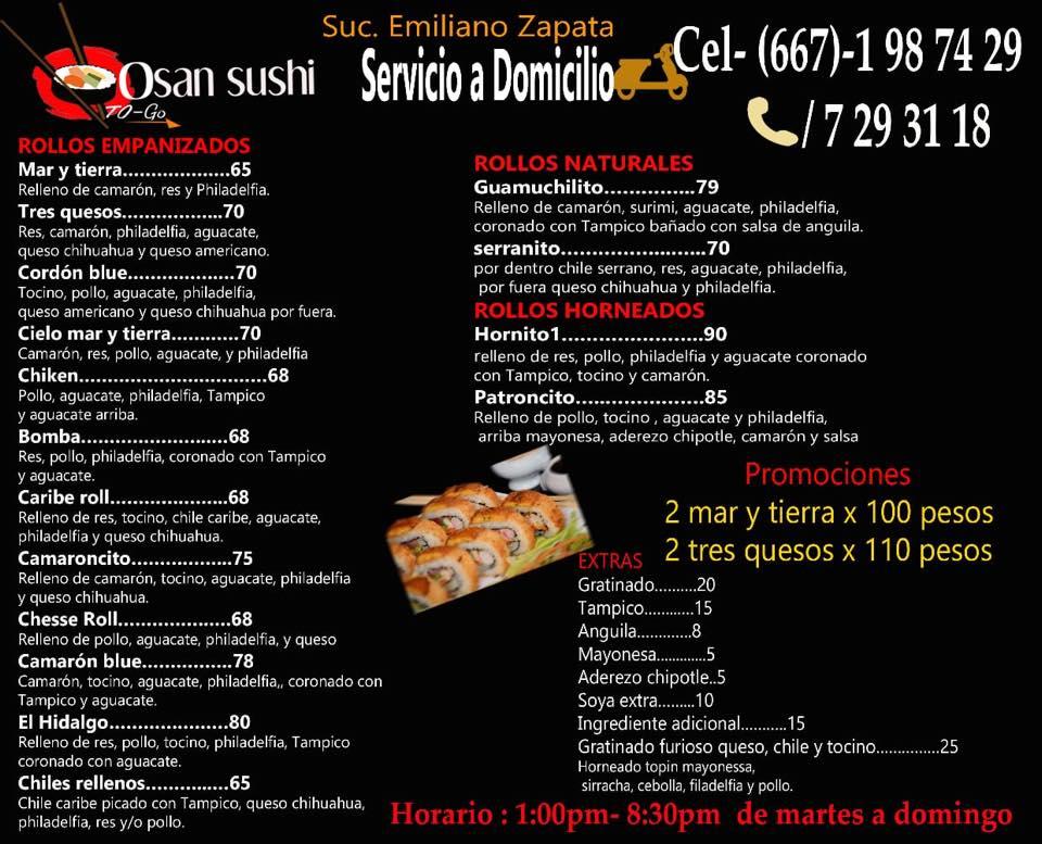 Menu at Osan sushi restaurant, Culiacán