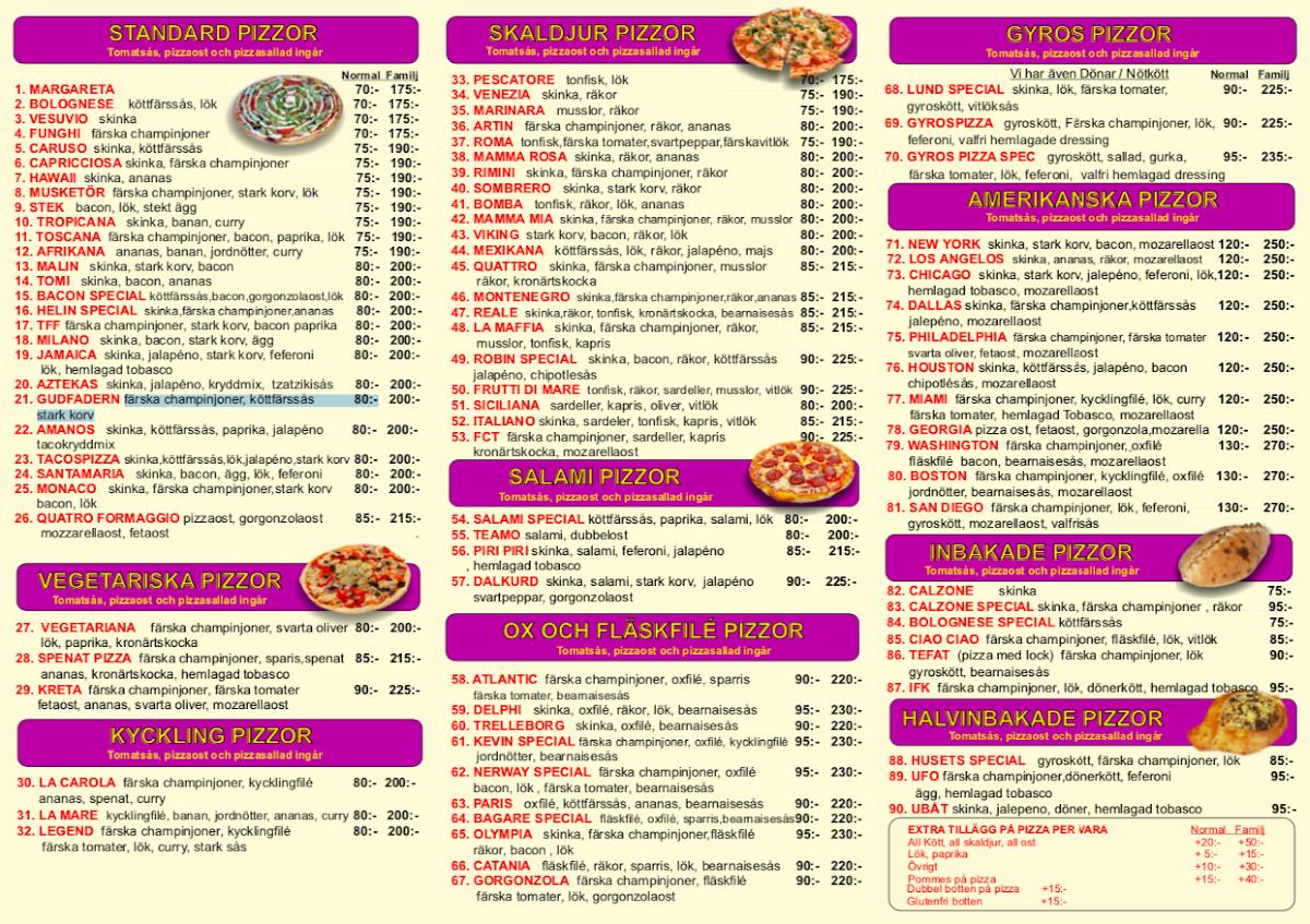 Menu at Pizzeria Monaco, Trelleborg, Västergatan 48
