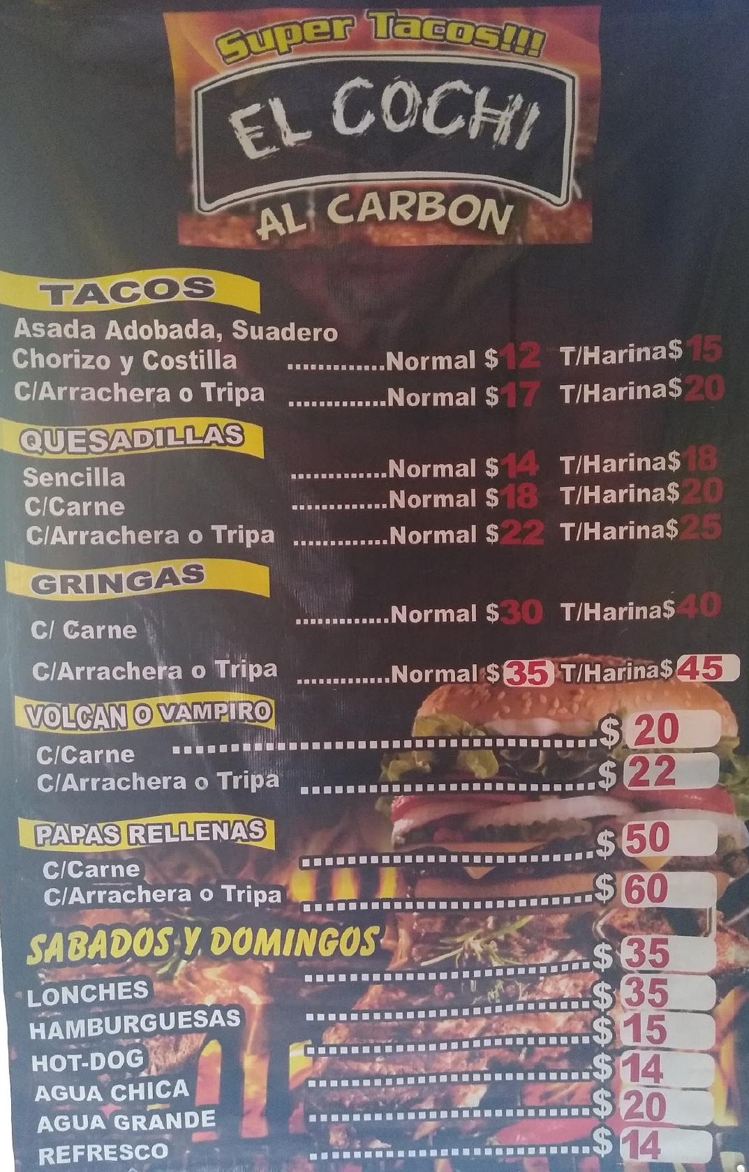 Menu at Super Tacos "El Cochi" restaurant, Guadalajara