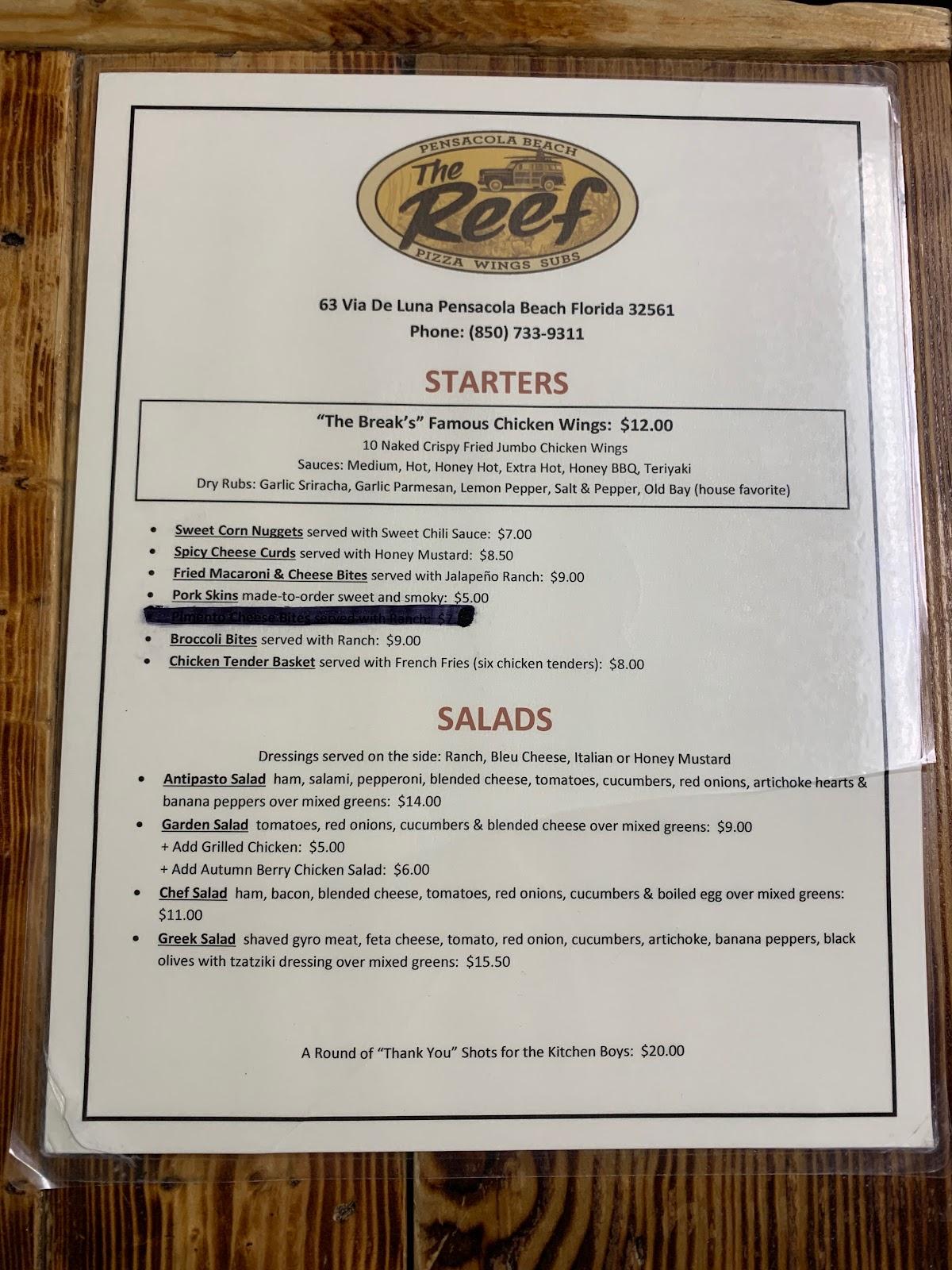 Menu at The Reef pizzeria, Pensacola Beach