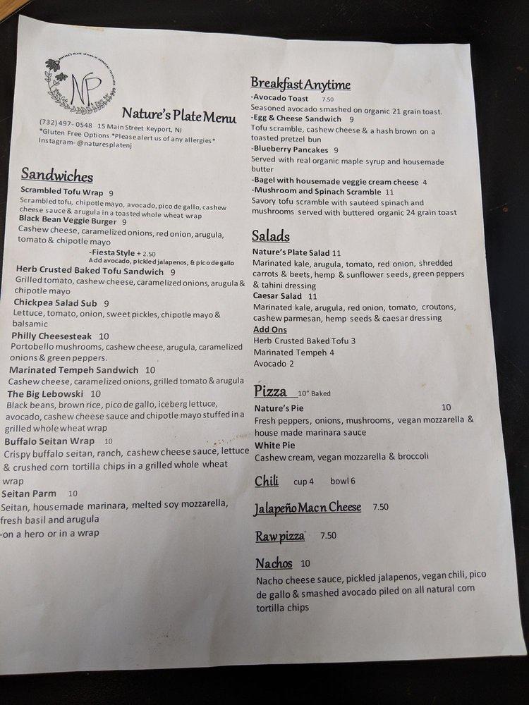 Menu at Nature’s Plate Cafe & Juice Bar, Keyport