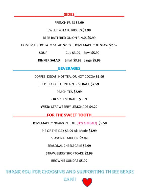 Menu at Three Bear's Cafe, Heber-Overgaard