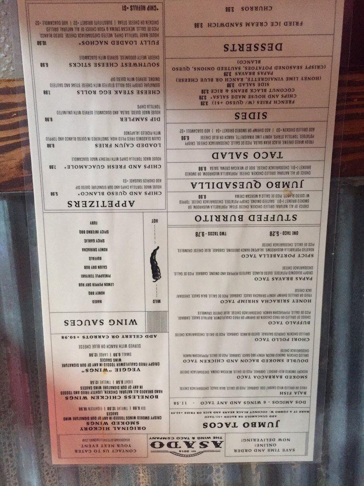Menu at Asado Wing & Taco Company restaurant, Charlottesville