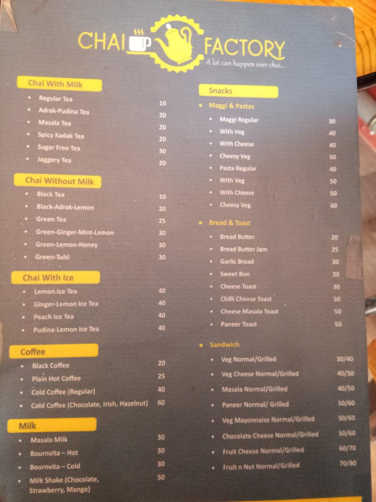 Menu at Chai Factory, Belgaum