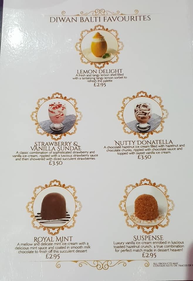 Menu at Diwan restaurant, Birmingham