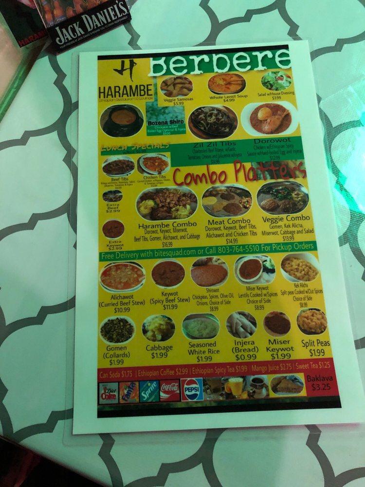 Menu at Harambe Ethiopian Restaurant, Columbia
