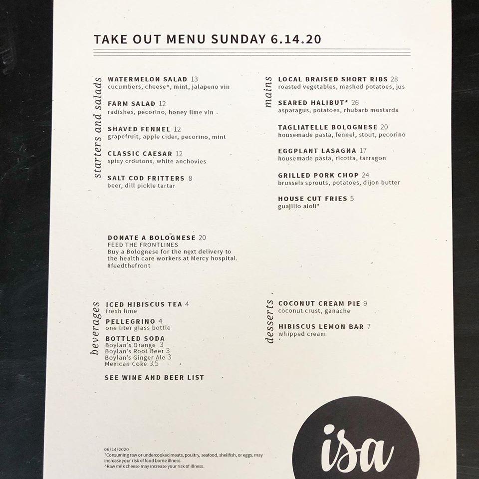 Menu at Isa restaurant, Portland