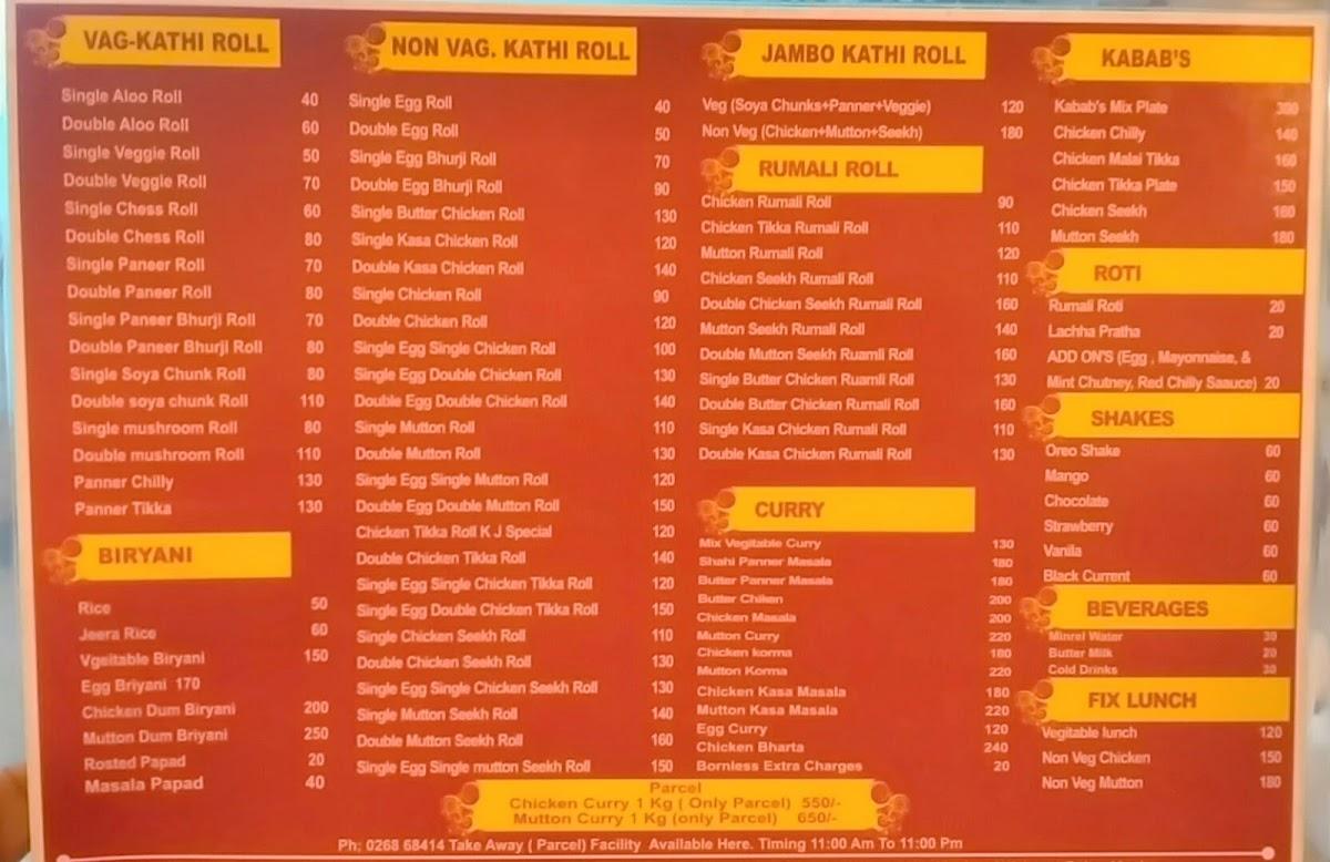 Menu at Kathi Junction, Nadiad, MVV5+WV9