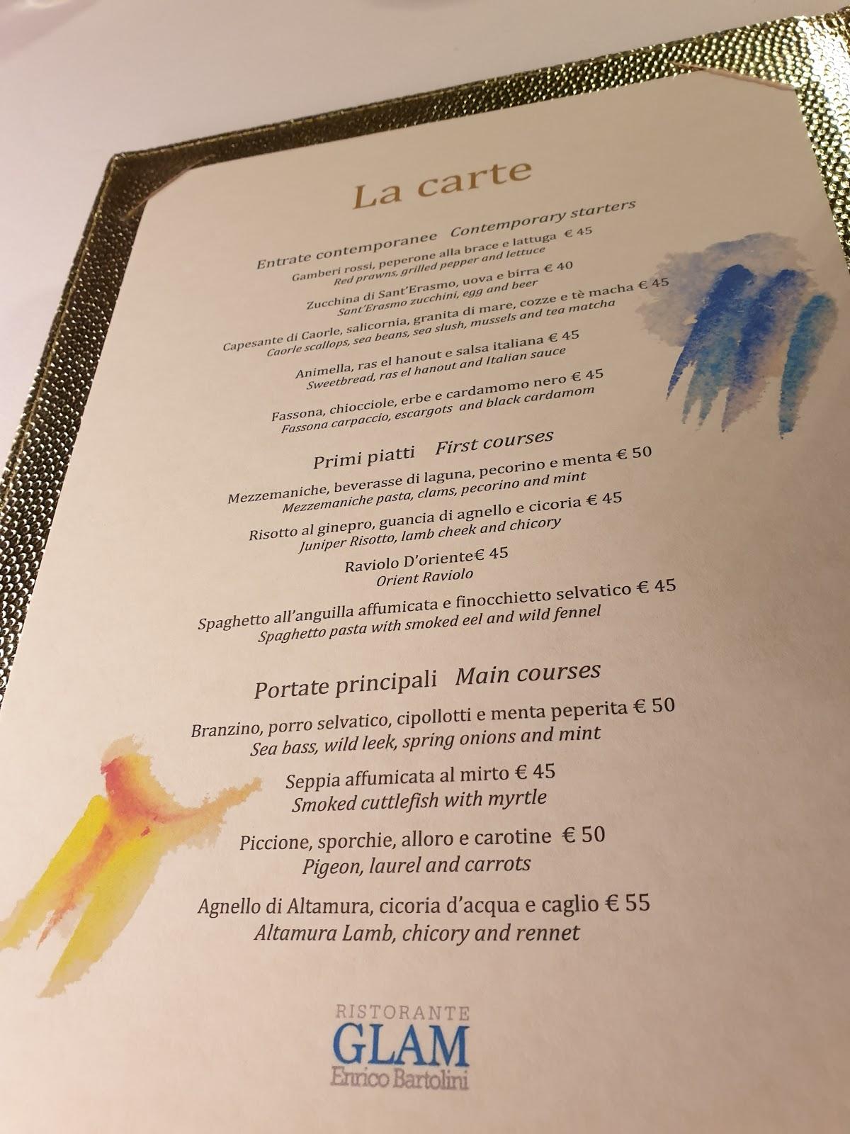 Menu at Ristorante Glam, Venice