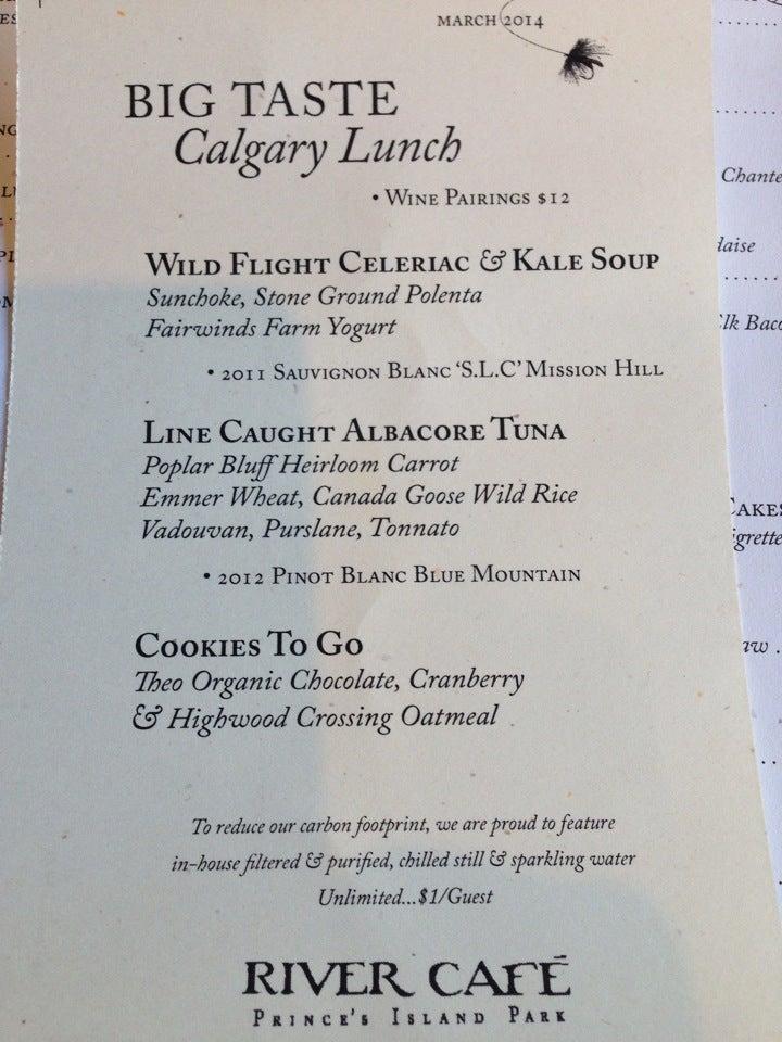 Menu at River Café, Calgary, 25 Prince's Island Pk SW