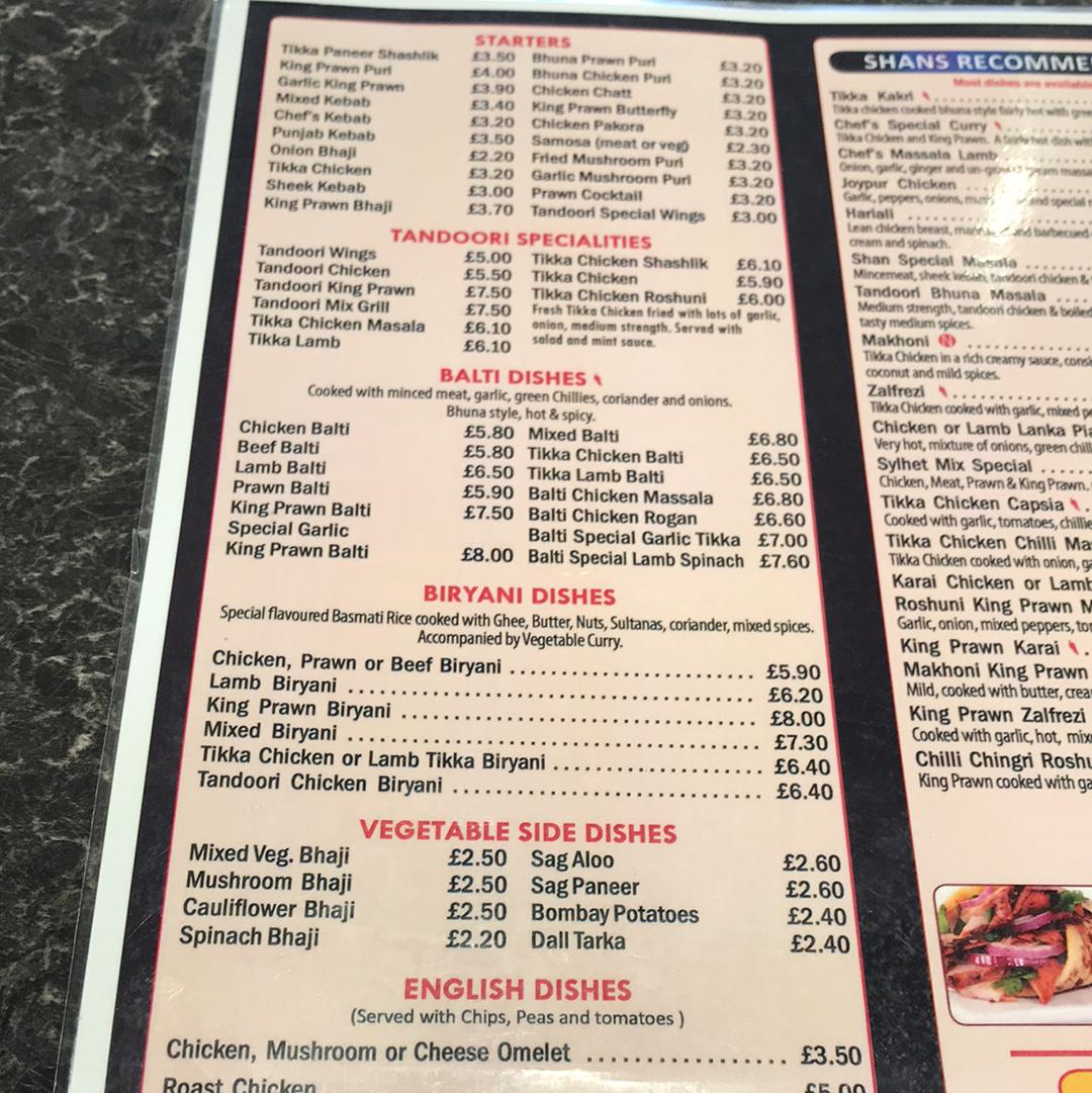 Menu at Shans Balti House fast food, Sunderland