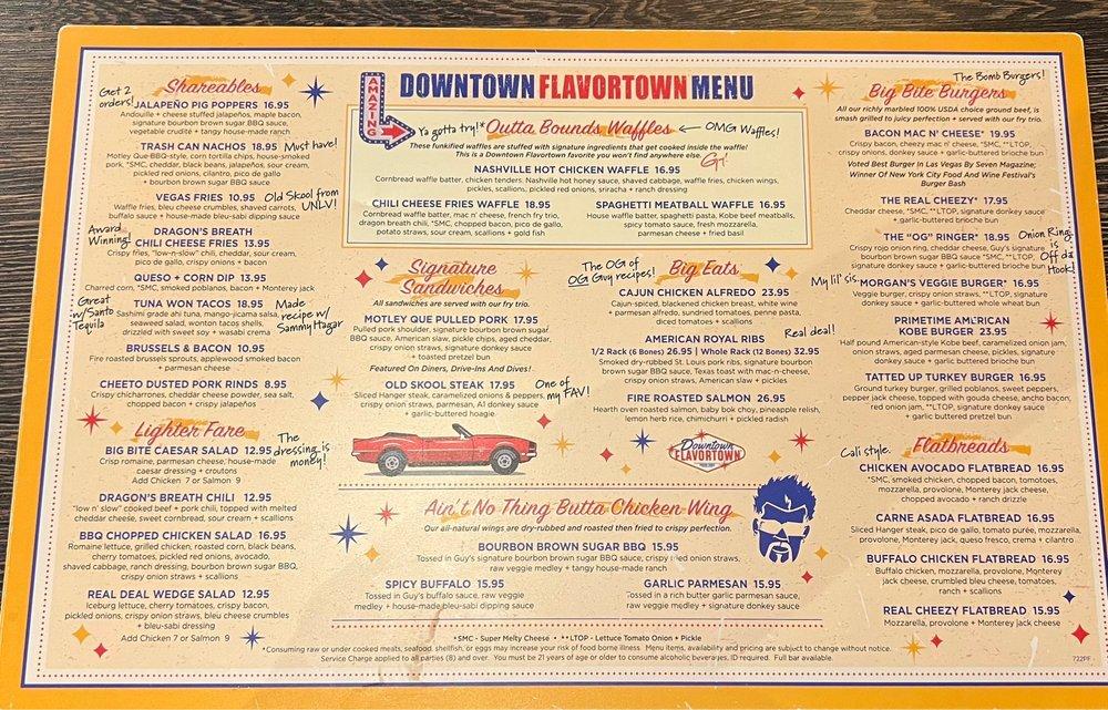 Menu at Downtown Flavortown restaurant, Pigeon Forge
