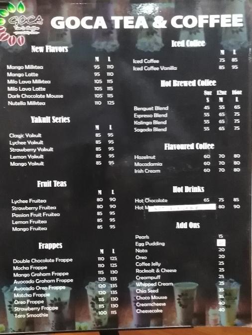 Menu at Goca Tea and Coffee Bluewave Marquinton Marikina cafe, Marikina