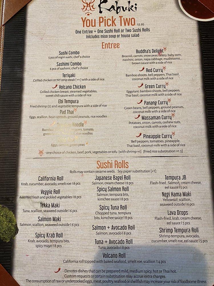 Menu at Kabuki Sushi Thai Tapas restaurant, Palm Beach Gardens