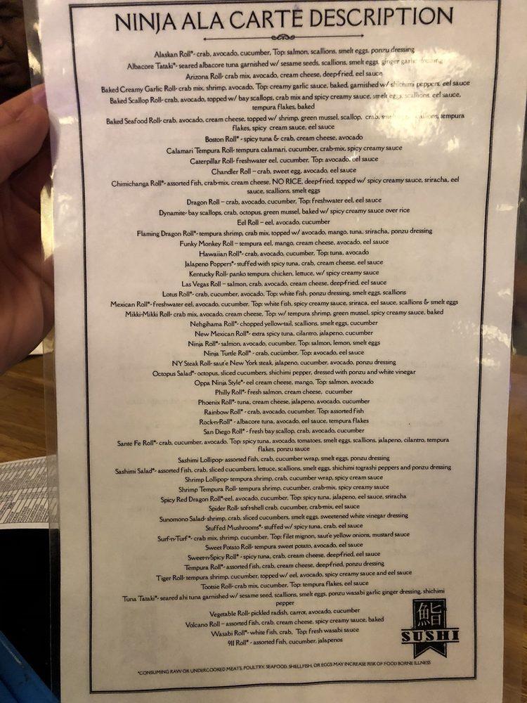 Menu at Ninja Japanese Restaurant, Chandler