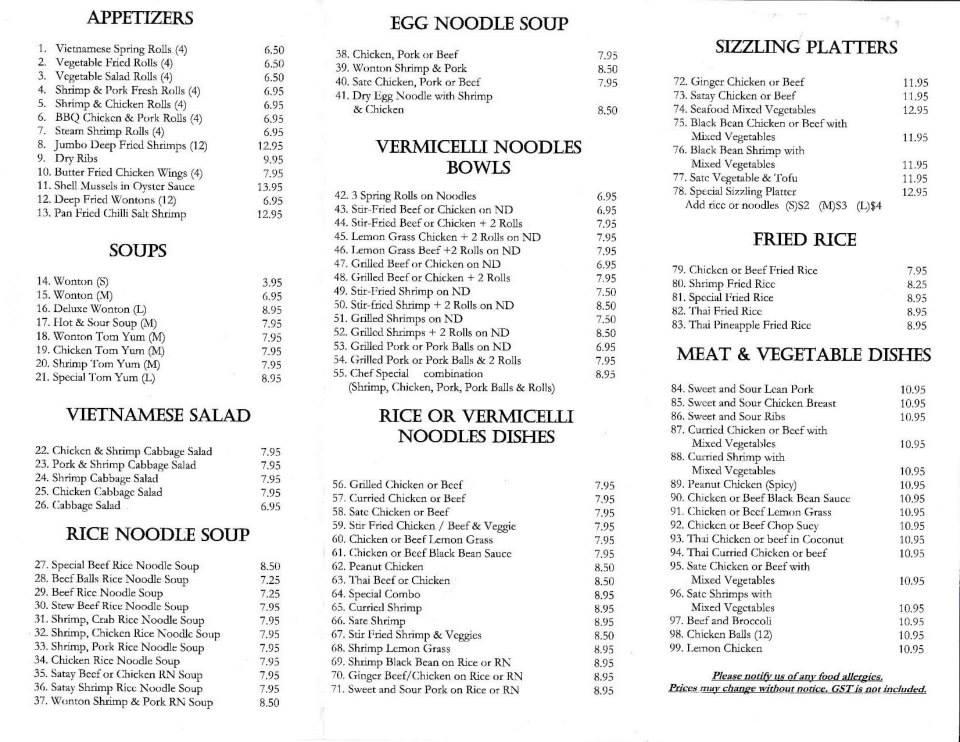 Menu at Spring Roll Restaurant, Saskatoon