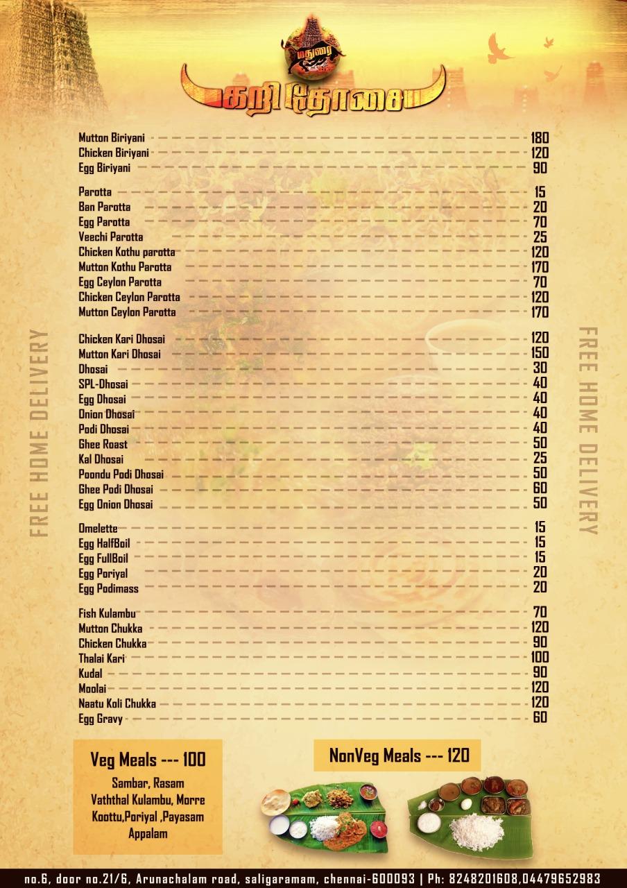 Menu at Madurai Kari Dosai, Chennai, 21