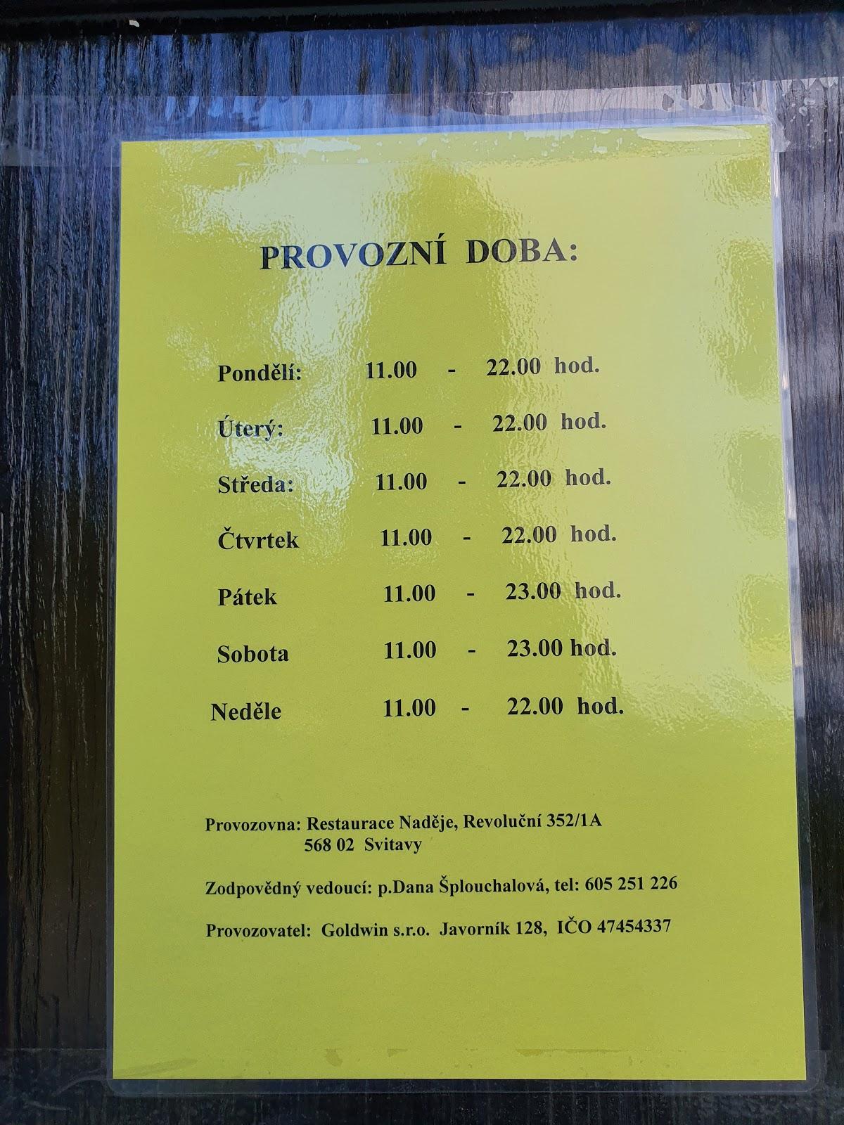 Menu at Restaurace Naděje Svitavy pub & bar, Czech Republic