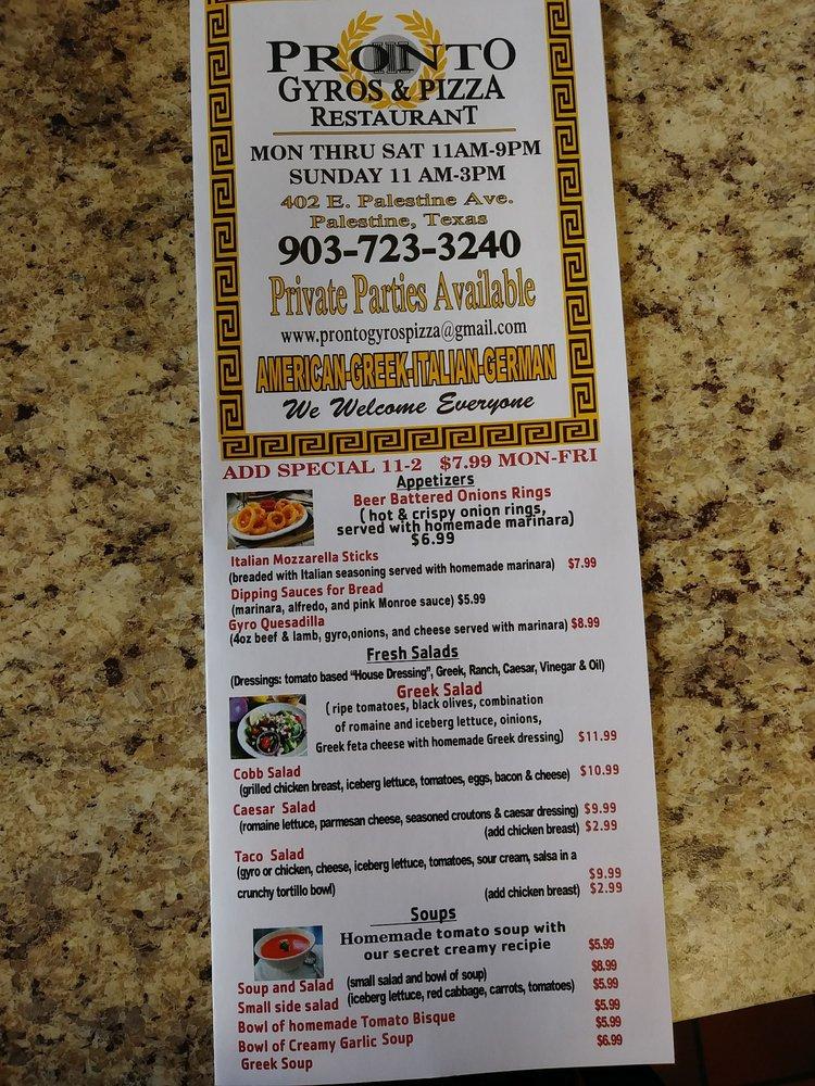Menu at Pronto pizzeria, Palestine