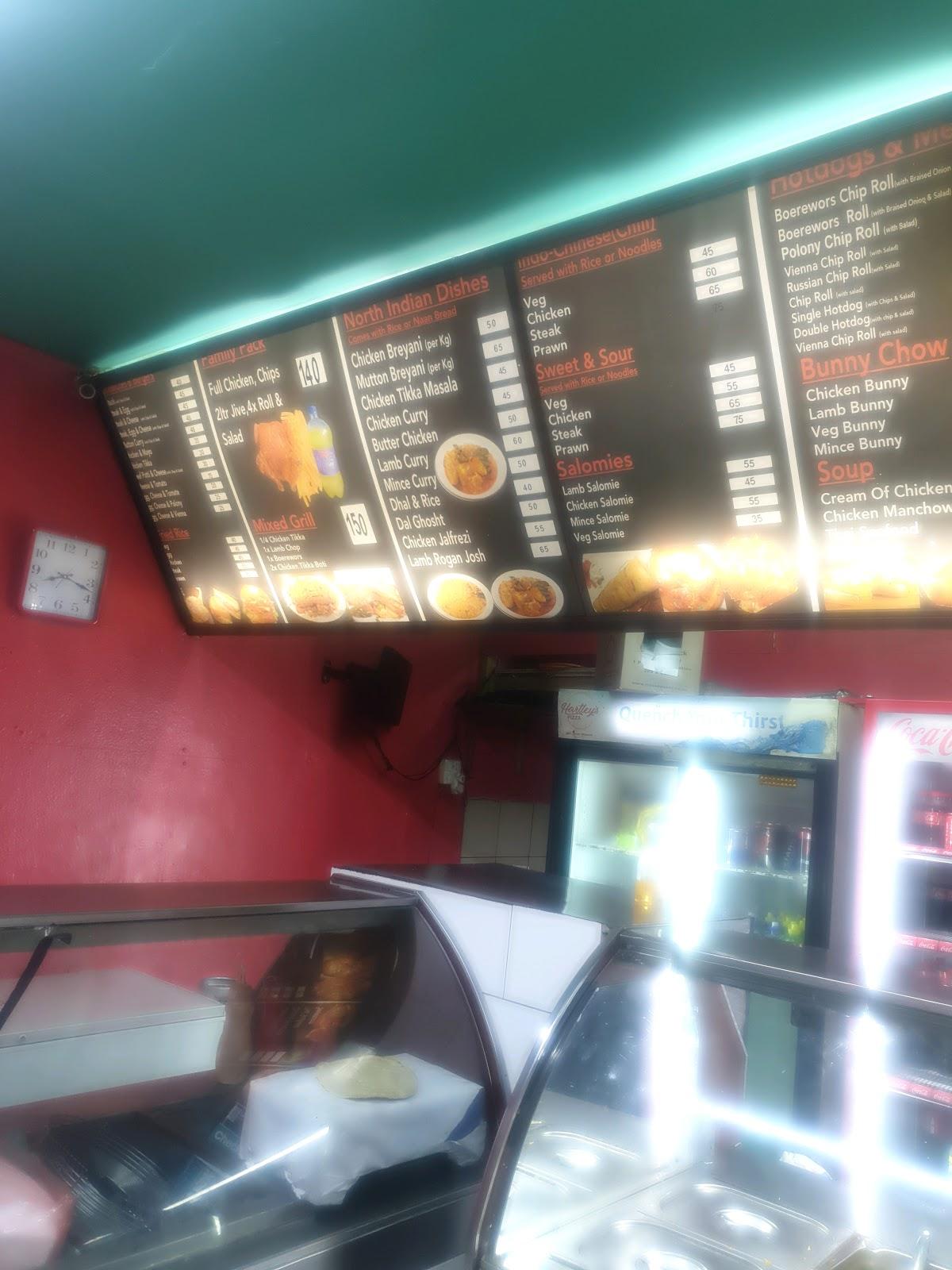Menu at Sharafat takeaway restaurant, Cape Town