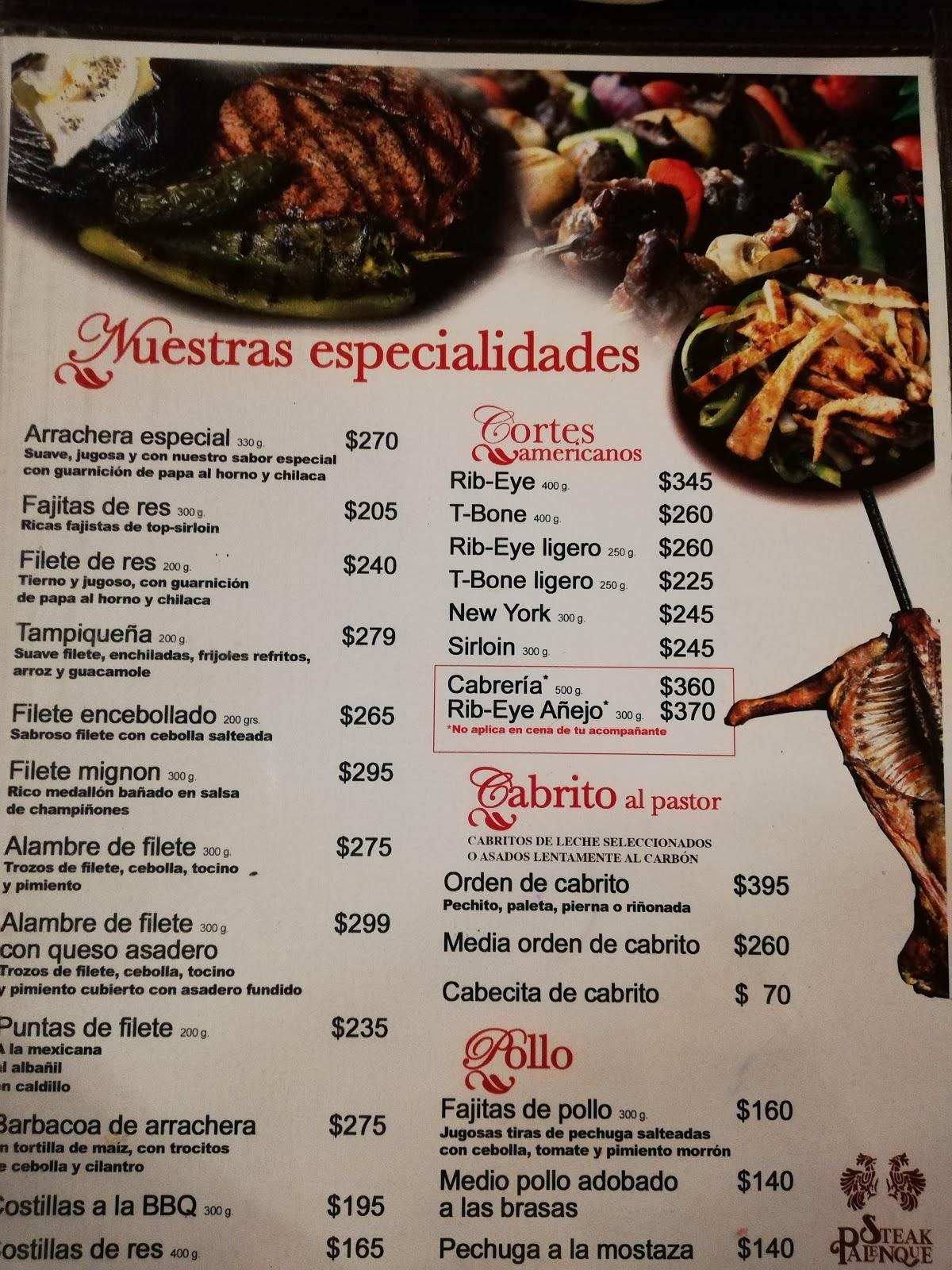 Carta de Restaurante Steak Palenque, Torreón, Blvrd Independencia 2557