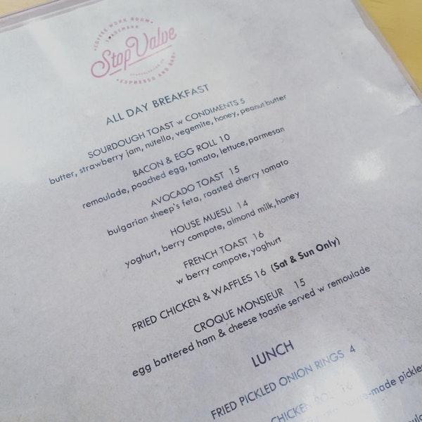 Menu at Stop Valve Espresso & Bar, Darlinghurst
